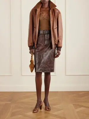 Saint Laurent Belted Leather Pencil Skirt - Brown