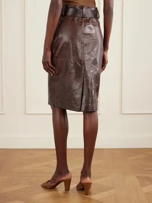 Saint Laurent Belted Leather Pencil Skirt - Brown