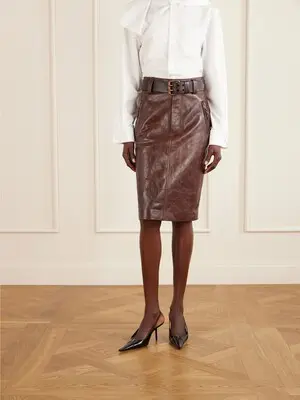 Saint Laurent Belted Leather Pencil Skirt - Brown