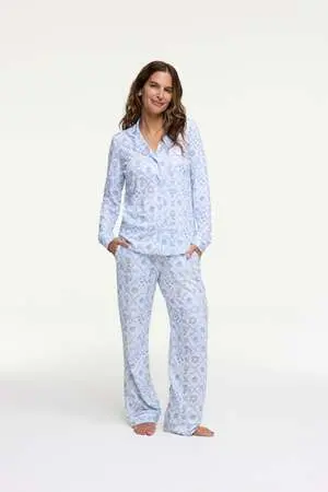LoveShackFancy X Roller Rabbit Starry Nights Lattice Long Sleeve Polo Pajamas - Blue