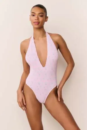 LoveShackFancy Gienna Floral Halter One-piece Swimsuit - Lilac Ice