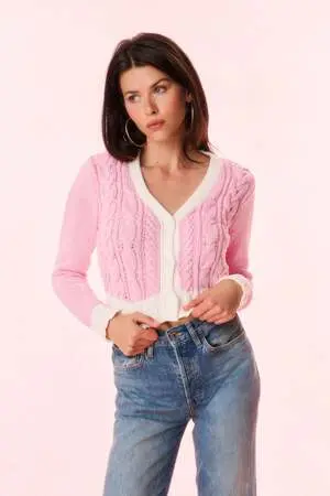 LoveShackFancy Hyacinth Cropped Cable Knit Cardigan - Strawberry Glaze