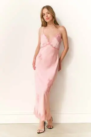 LoveShackFancy Sorone Satin Lace Maxi Slip Dress - Quartz