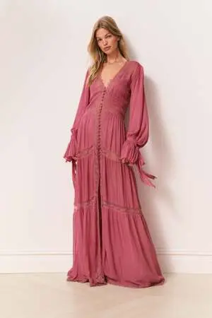 LoveShackFancy Lyvienne Chiffon Lace Maxi Gown - Deep Rose