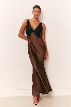 LoveShackFancy Iridia Satin Maxi Slip Dress - Chocolate Brown