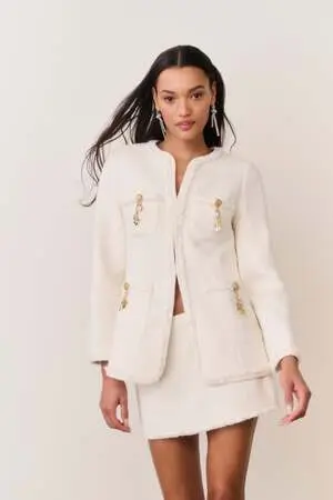 LoveShackFancy Adrina Tweed Embellished Jacket - Cream