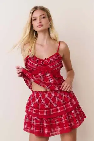 LoveShackFancy Ruffle Mini Tartan Skirt - Cherry Jubilee