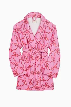 LoveShackFancy Indie Cotton Bow Print Bath Robe - Crimson Candy