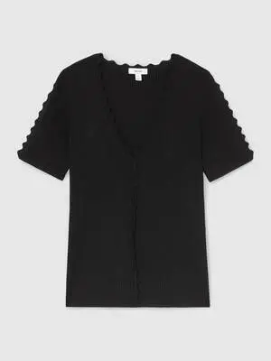 REISS Marcy Scallop-trim Rib-knit Top - Black