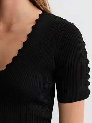 REISS Marcy Scallop-trim Rib-knit Top - Black