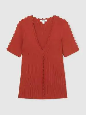 REISS Marcy Scallop-trim Rib-knit Top - Rust Red