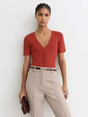 REISS Marcy Scallop-trim Rib-knit Top - Rust Red