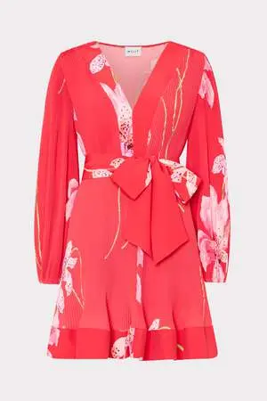 MILLY Liv Floral Pleated V-neck Mini Dress - Red