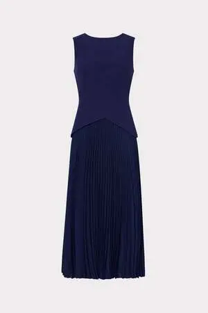 MILLY Haddy Pleated Midi Dress - Navy
