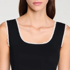 Sandro Cotton Vest Top With Beaded Embroidery - Black