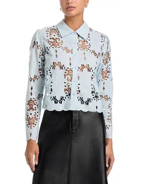 Aqua Lace Crop Long Sleeve Blouse - Light Blue
