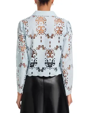 Aqua Lace Crop Long Sleeve Blouse - Light Blue