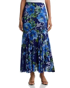 Aqua Floral Print Fishtail Maxi Skirt