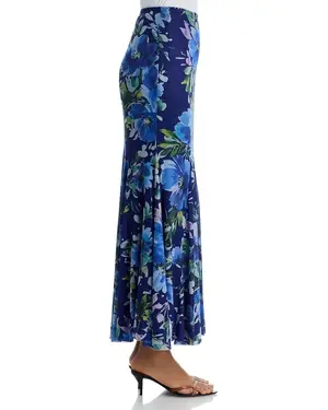 Aqua Floral Print Fishtail Maxi Skirt
