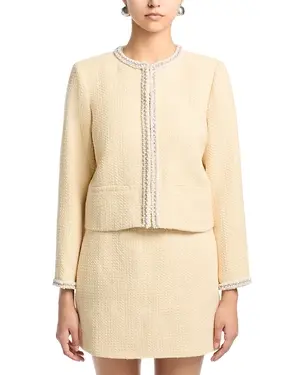 Aqua Tweed Blazer With Pearl Detail - Straw