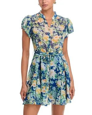 Aqua Floral Button Front Flutter Mini Dress