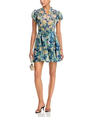 Aqua Floral Button Front Flutter Mini Dress