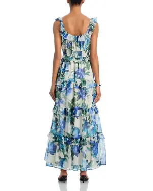 Aqua Floral Leaf Ruffle Smocked Maxi Dress