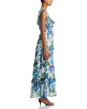 Aqua Floral Leaf Ruffle Smocked Maxi Dress