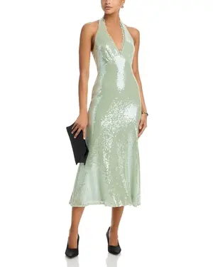 Aqua Sequin Halter Midi Dress
