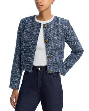 Aqua Collarless Tweed Blazer - Navy Multi