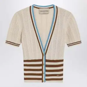 Valentino Garavani Openwork Striped Cotton Cardigan - Beige