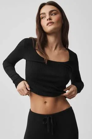 Alo Yoga Sweater Knit Unwind Long Sleeve Top - Black