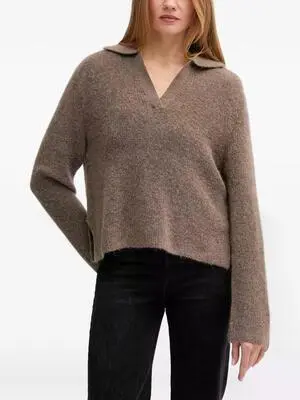 MOS MOSH Knitted V-neck Polo Top - Brown