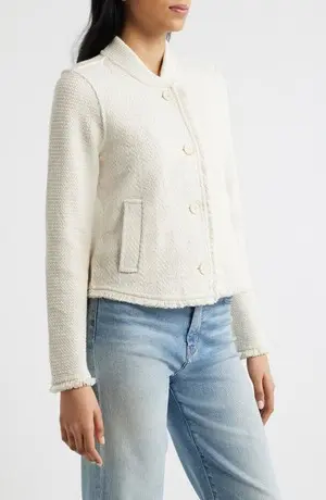 NIC+ZOE Fringe Mix Knit Bomber Jacket - Coconut