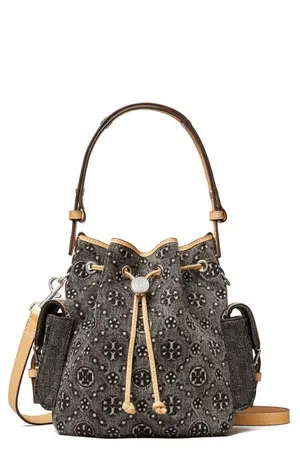 Tory Burch T Monogram Denim Bucket Bag - Black