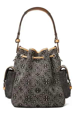 Tory Burch T Monogram Denim Bucket Bag - Black