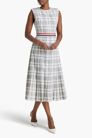 Thom Browne Pleated Checked Wool Midi Dress - Gray