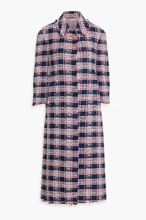 Thom Browne Checked Tweed Coat With Frayed Trims