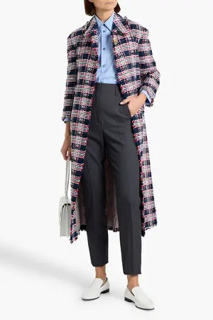 Thom Browne Checked Tweed Coat With Frayed Trims
