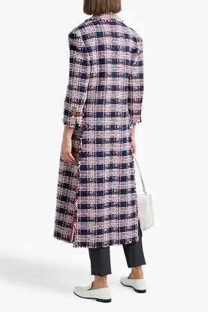 Thom Browne Checked Tweed Coat With Frayed Trims