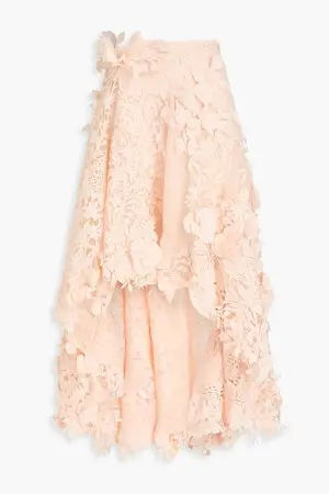 Zimmermann Floral-appliquéd Linen And Silk-blend Organza Maxi Skirt - Pastel Orange