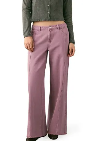 Mango Frayed Seamed Low Rise Wide Leg Jeans - Pink