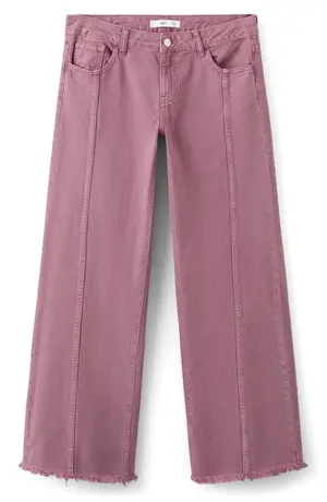 Mango Frayed Seamed Low Rise Wide Leg Jeans - Pink