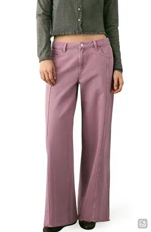 Mango Frayed Seamed Low Rise Wide Leg Jeans