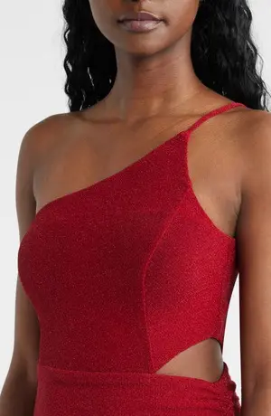 JUMP APPAREL Metallic Knit One-shoulder Asymmetric Gown - Red