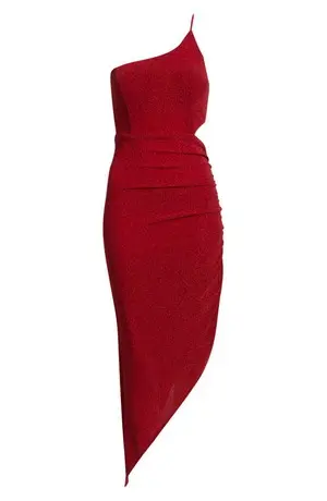 JUMP APPAREL Metallic Knit One-shoulder Asymmetric Gown - Red