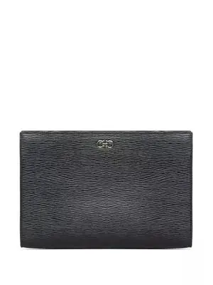 FERRAGAMO Gancini Textured Calfskin Double Clutch Bag - Black