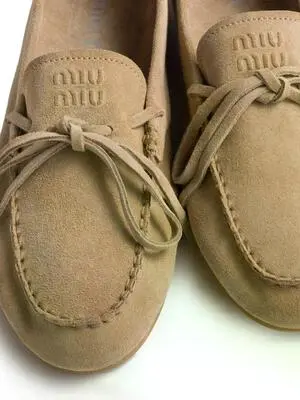 Miu Miu Suede Deck Loafers With Embossed Logo Detail - Neutrals