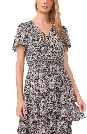 Vince Camuto Abstract Print Tiered Midi Dress - Rich Black