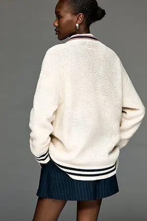 Maeve Sporty Tipped V-neck Cardigan Sweater